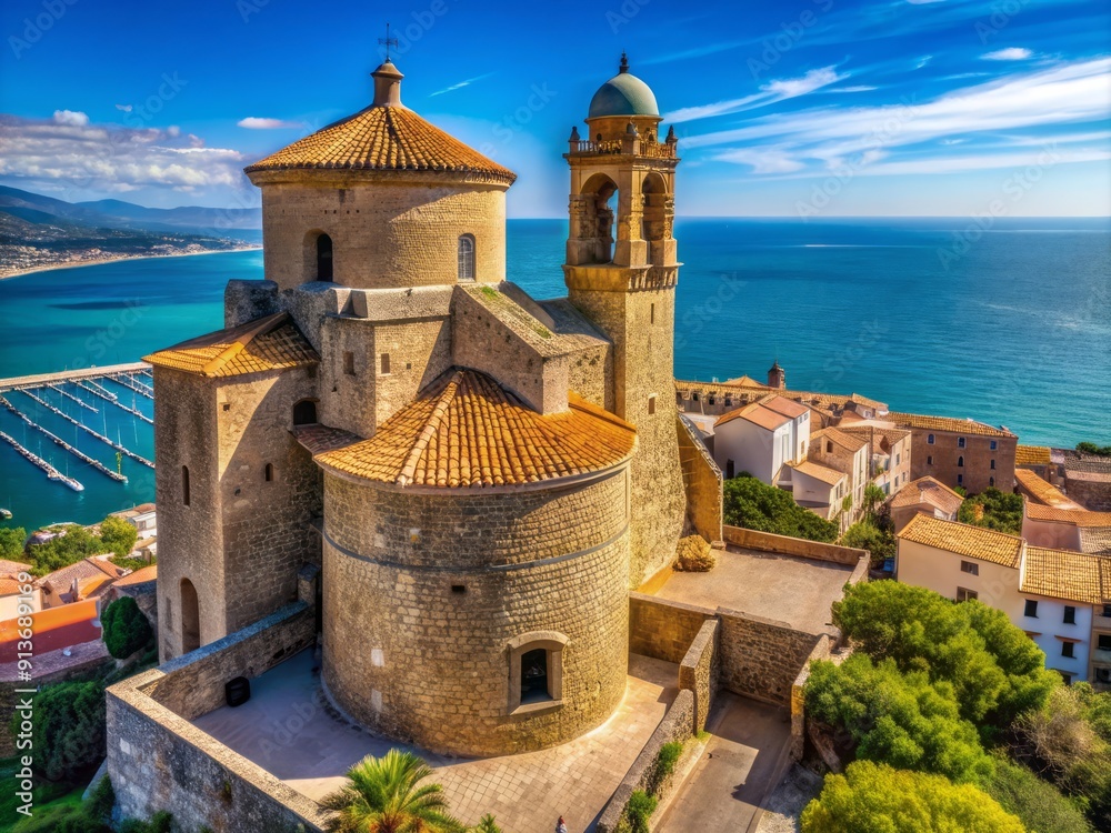 Ancient 15th-century cylindrical castle chapel overlooks town's upper ...