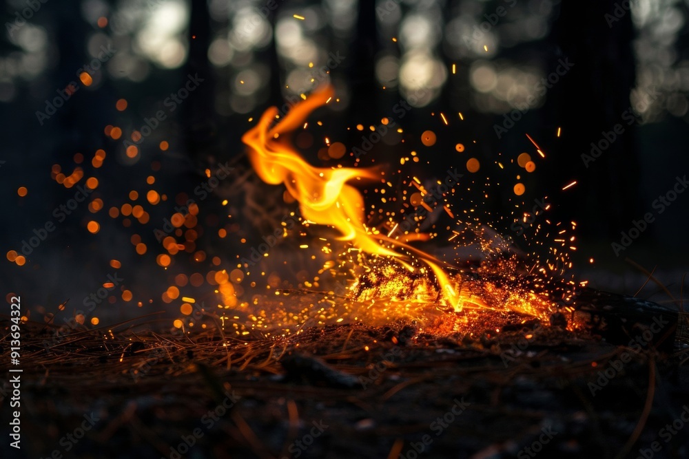 Natural torch spark in the wilderness, igniting a fire and capturing a ...