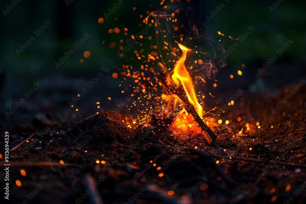 Natural torch spark in the wilderness, igniting a fire and capturing a ...