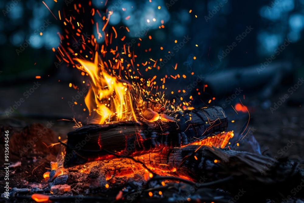 Natural torch spark in the wilderness, igniting a fire and capturing a ...