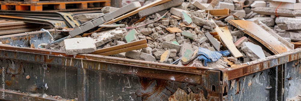 Debris from construction project in sizable metal dumpster stack of ...