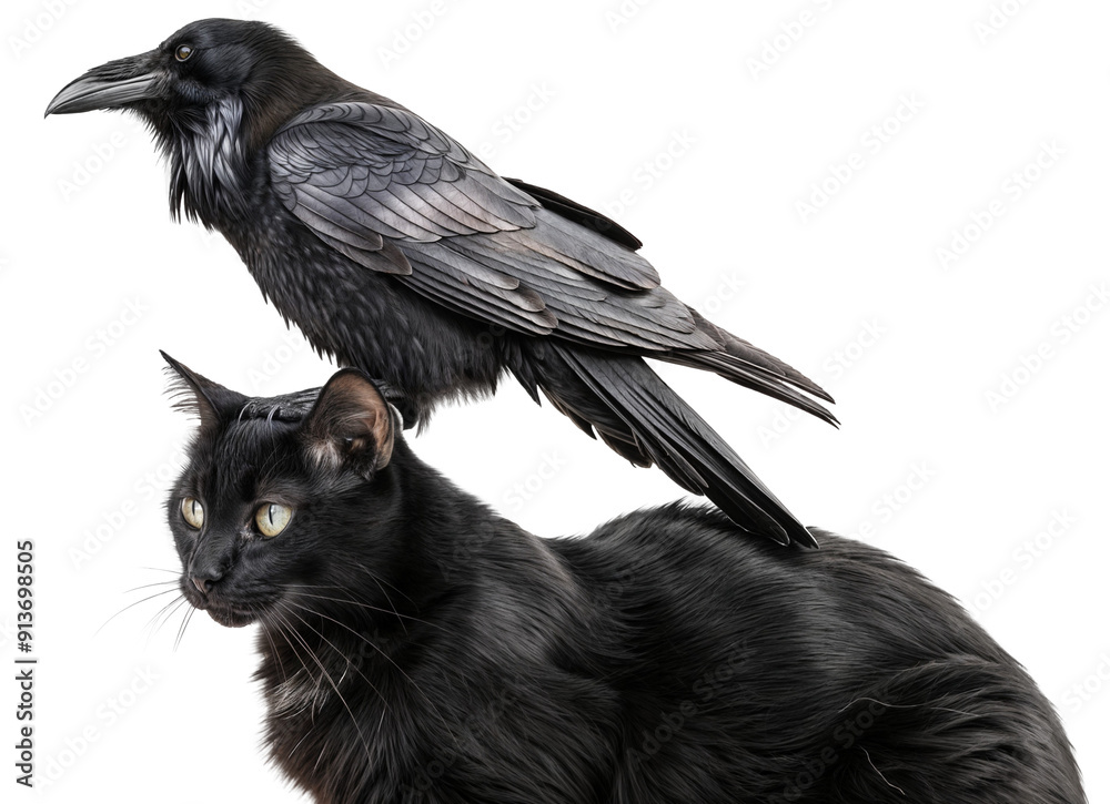Mystical Black Cat and Crow Together on Transparent Background, Ideal ...