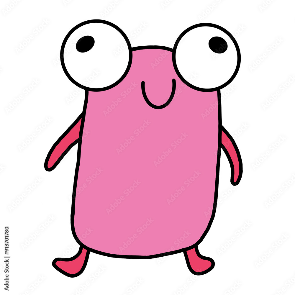 This cartoon illustration features a cute, pink monster with a ...