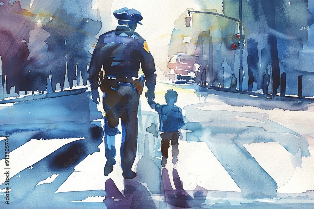 A watercolor painting depicting a police officer guiding a child across ...