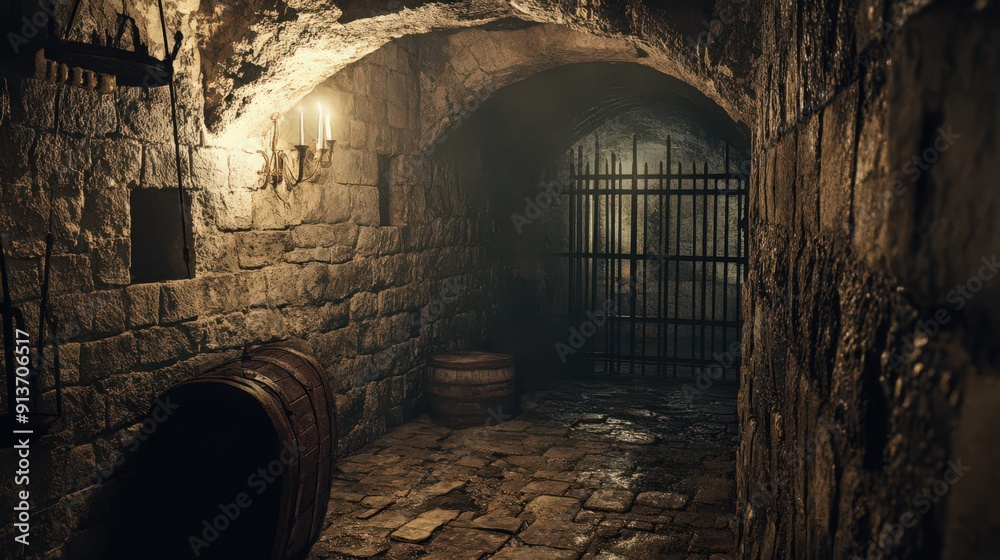 dungeon with its historic stone walls and barred cells, evoking a sense ...