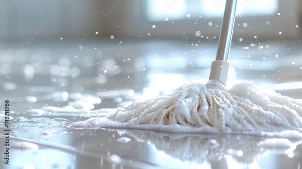 Soapy mop cleaning a shiny white tiled floor with water droplets ...