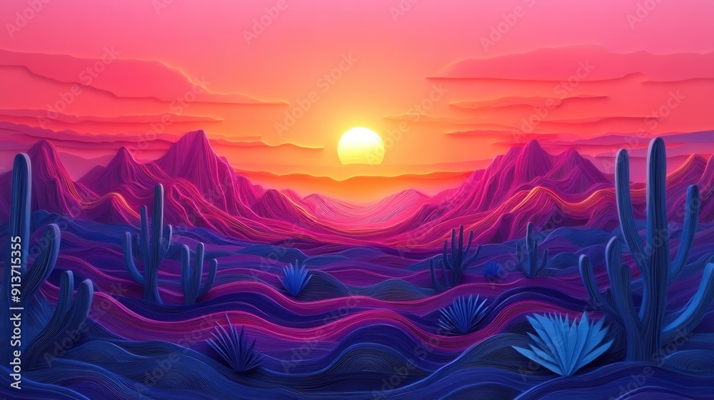 Detailed paper quilling scene of a synthwave desert landscape with ...