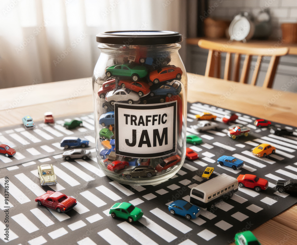 traffic jam concept, a jar filled with cars and traffic signals on a ...