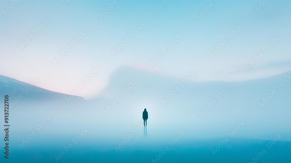 Silhouette of a person witnessing Brocken spectre in a foggy valley ...