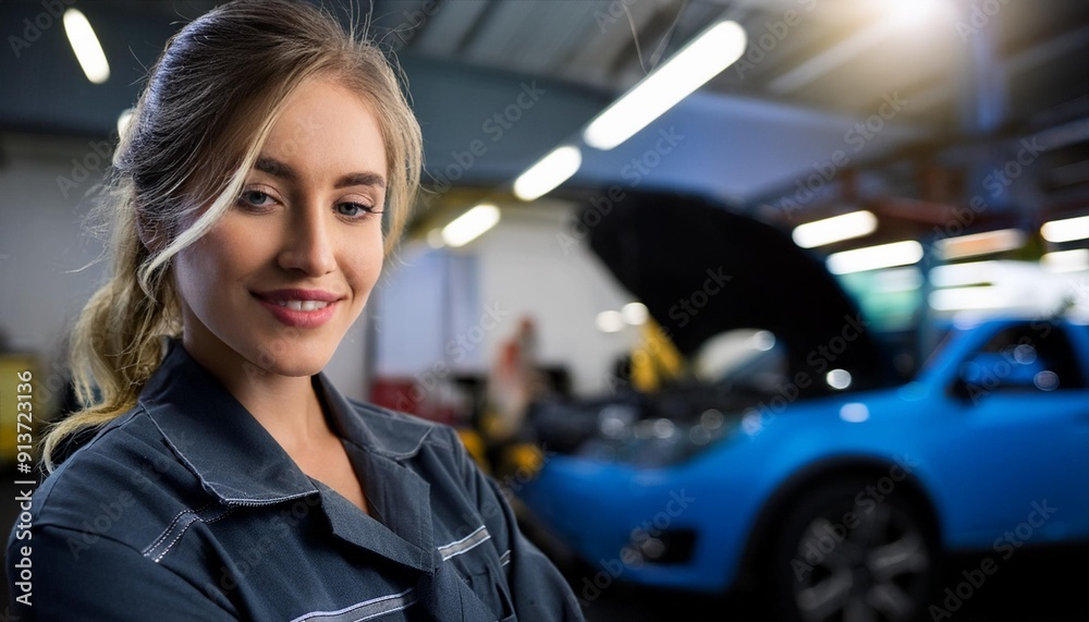 European female mechanic smiling confidently, She stands in front of an ...