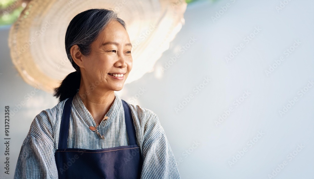 portrait of a Japanese farmer standing in a golden rice field during ...