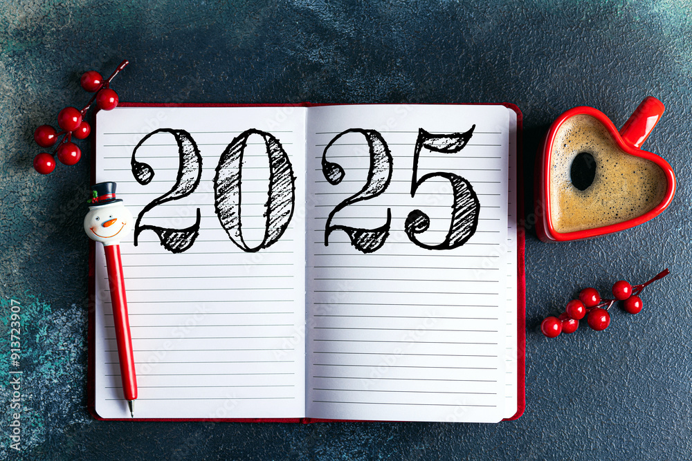 New year resolutions 2025 on desk. 2025 goals list with notebook ...