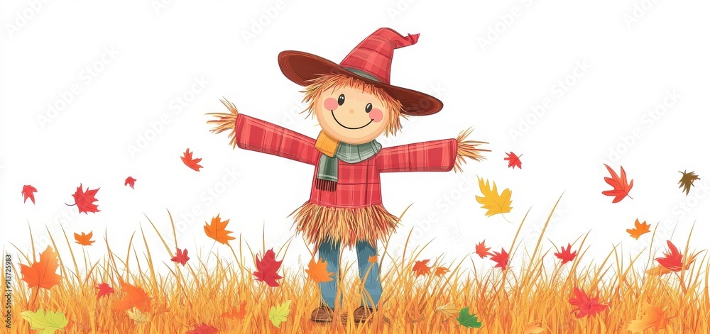 2D cartoon of a scarecrow in a field with fall foliage, clean lines ...