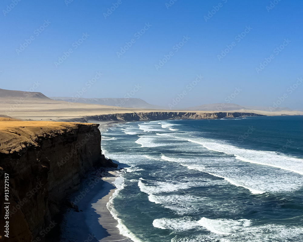 Stunning cliffs:Ica, Peru's coastline, with azure Pacific waters ...