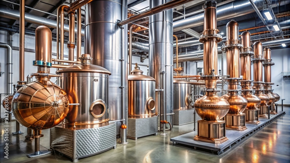 High-tech modern distillery still room with shiny copper alembics and ...