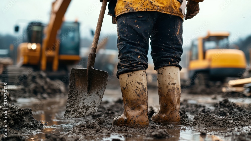 A construction worker wearing heavy-duty boots and an oilskin jacket ...