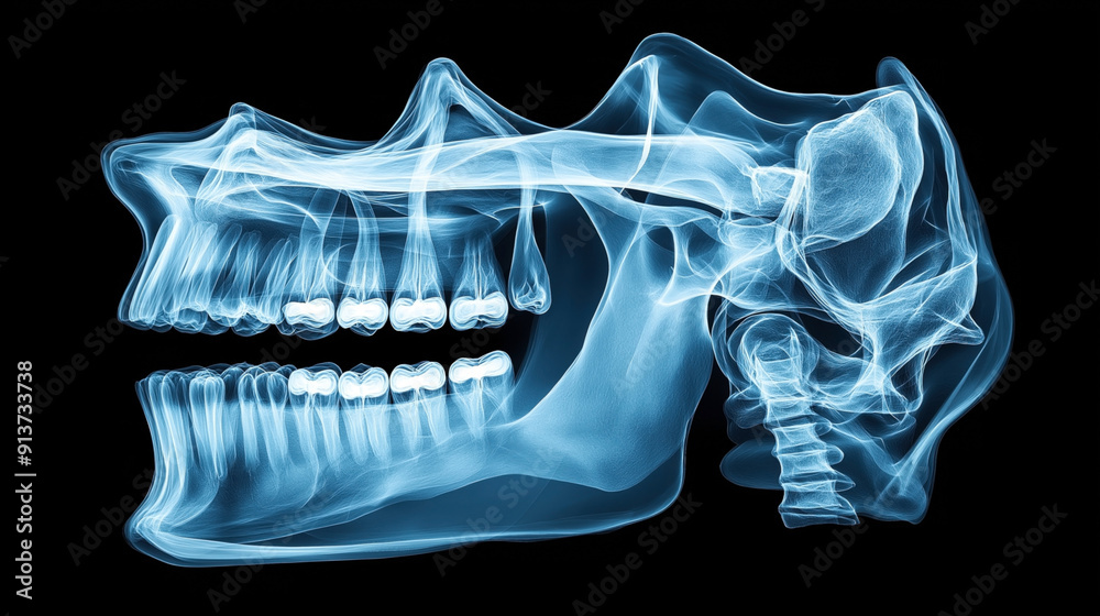 ภาพประกอบสต็อก X-ray view of a human skull showing detailed dental ...