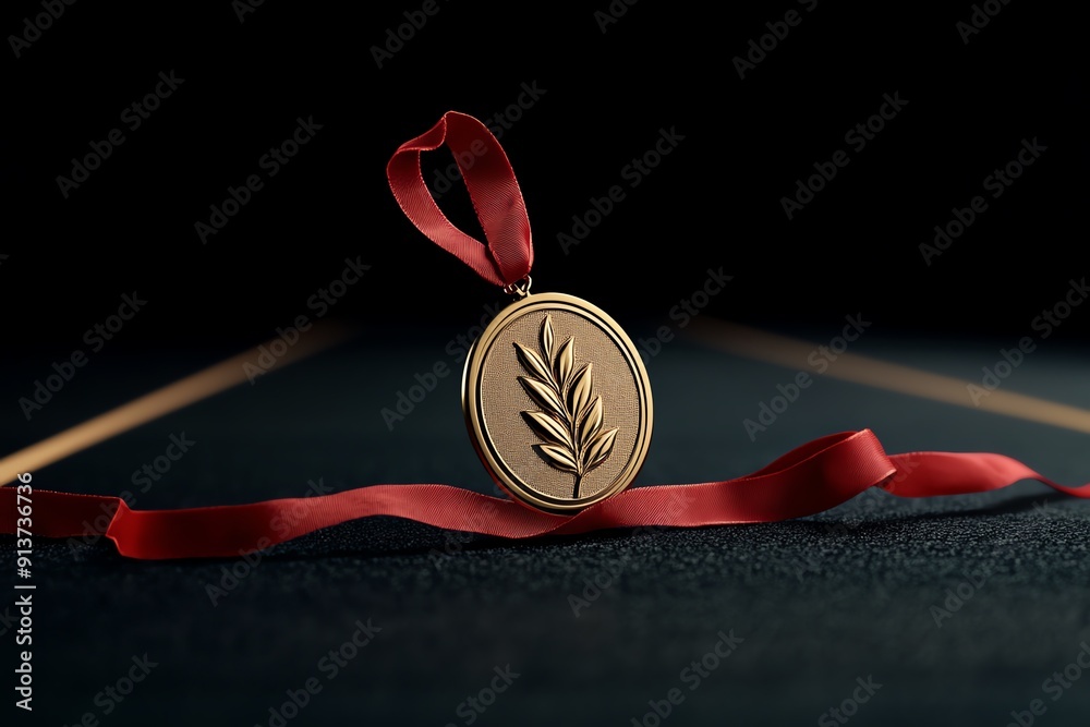 Runner with gold medal at finish line, athletic victory, tournament win ...