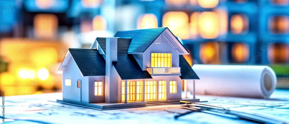 Illuminated Model House on Architectural Blueprints: Building a Dream ...