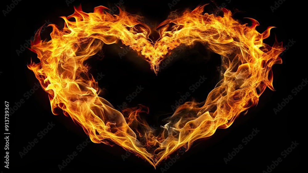 Heart shaped fire with multiple flames against a black background ...