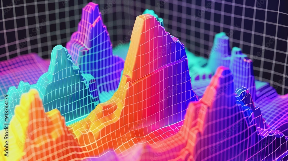 3D graph with colorful peaks and gridlines representing complex data ...