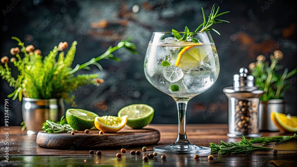 Gin and tonic served in a crystal glass with fresh botanicals ...