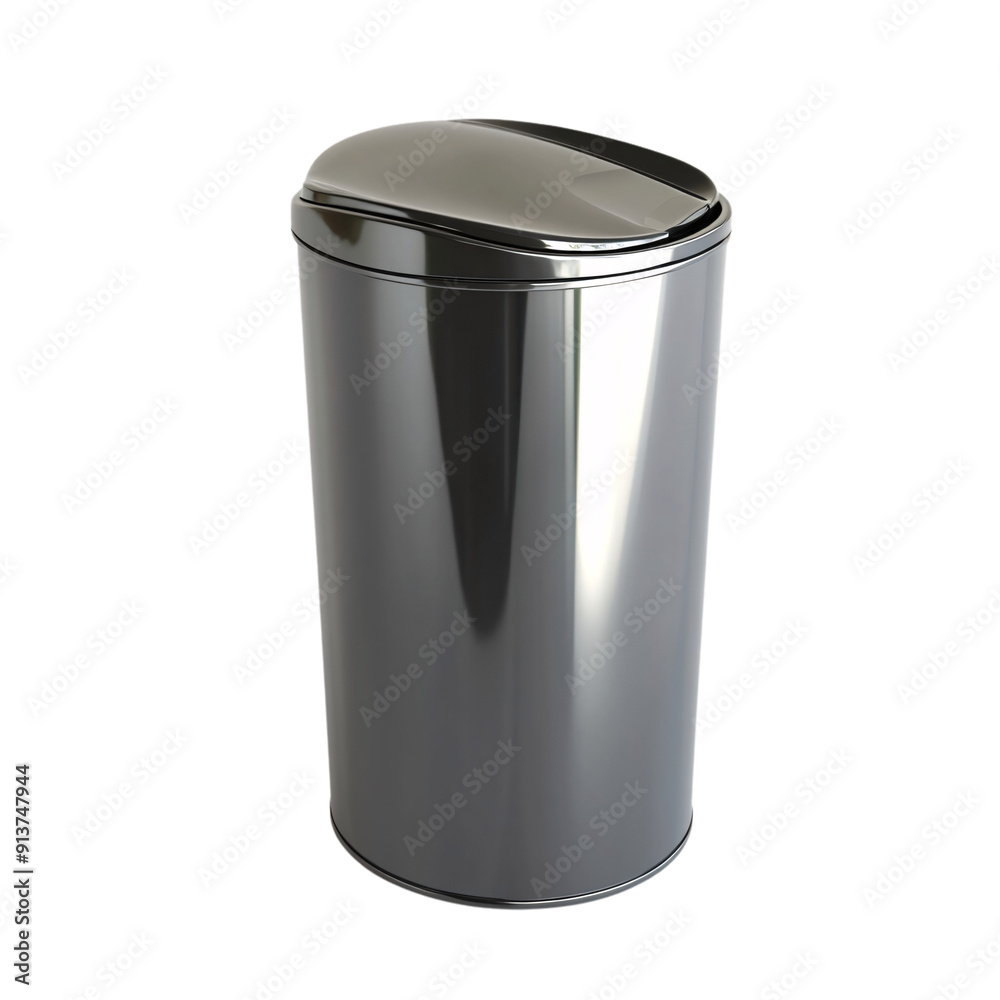 A sleek black trash can with a lid is placed in a modern kitchen ...