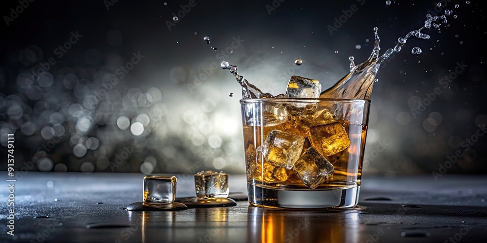 Ice cubes in a glass with a splash of alcohol, ice, cubes, glass ...