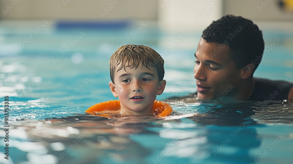 Young boy learning to swim with the help of an instructor in a swimming ...