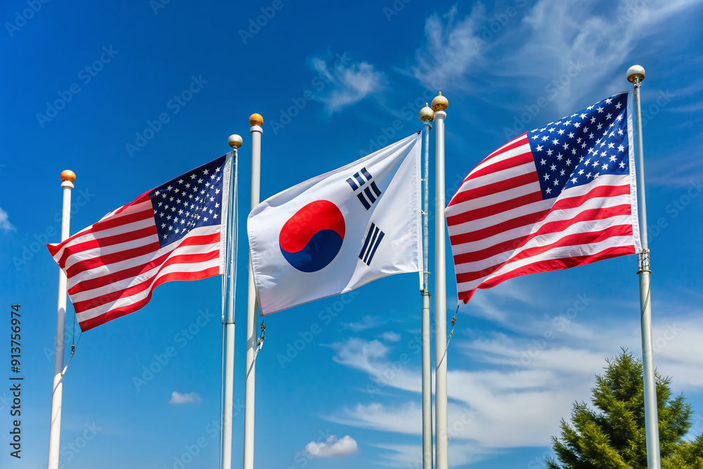 Three national flags waving together in harmony, South Korea's ...
