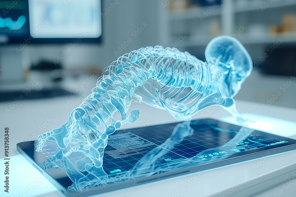 A digital hologram of a human skeleton stands above a tablet screen in ...