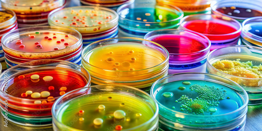 Vibrant colonies of bacteria growth on agar plate medium in a ...