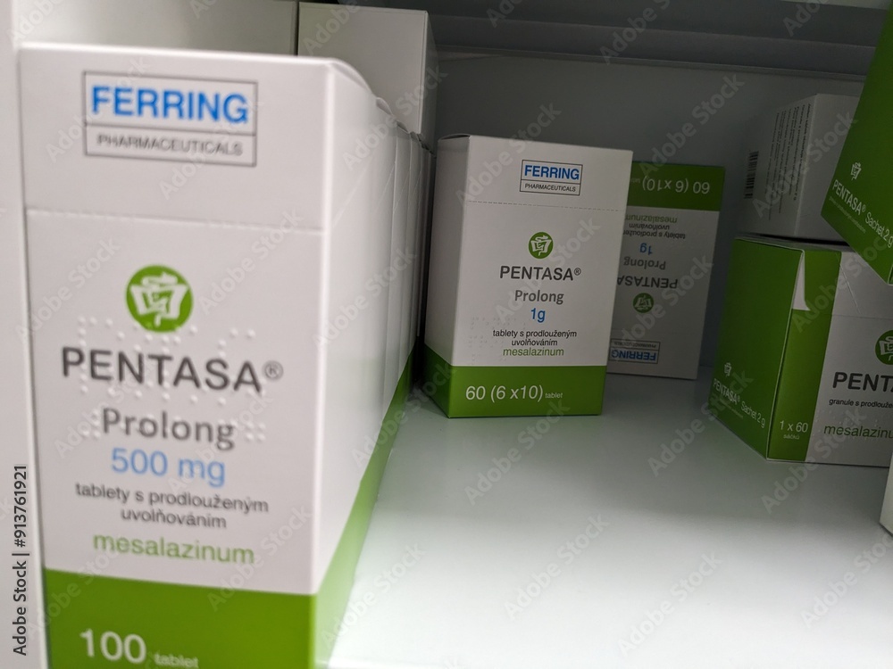 Prague,Czech Republic-August 7 2024: PENTASA SACHET box of medication ...
