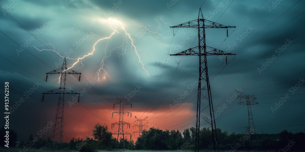 Minimalistic photo of high voltage power lines in a stormy sky, showing ...