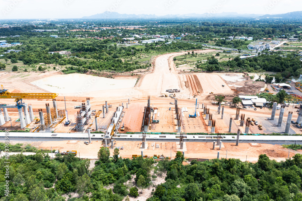 Aerial top view of Plan for Thai - Concrete bridge pillars of the ...