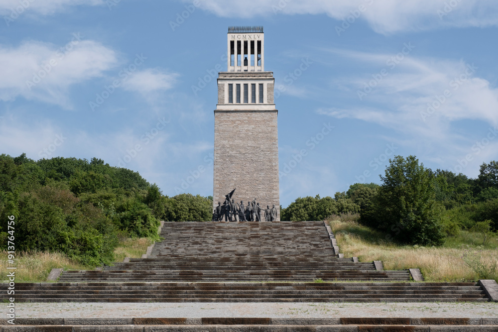 Buchenwald Memorial tower on Freedom Square near the city of Weimar ...