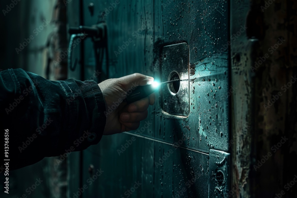 Hand Picking a Lock on a Metal Door in Dark Alley - Crime Concept ...