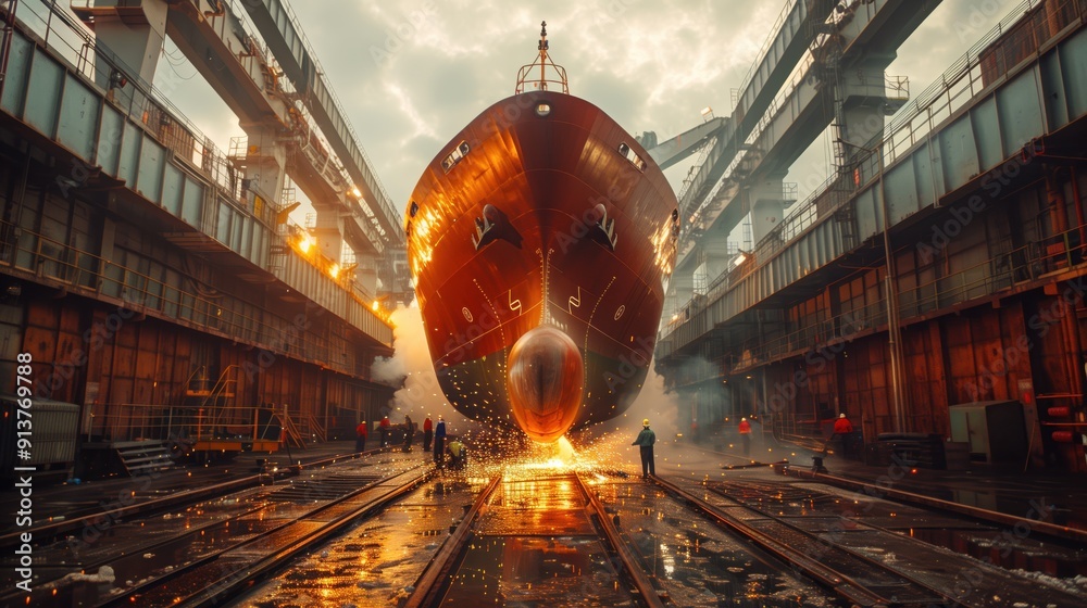 Ship Being Launched at Shipyard. Large ship is being launched at a ...