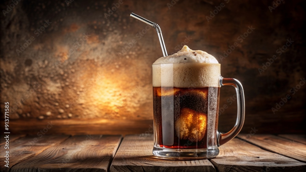 Vintage soda fountain with a stein of root beer, foamy bubbles, and a ...