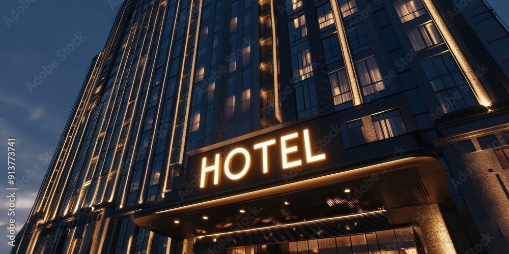 Hotel exterior with an illuminated sign HOTEL on the building facade at ...