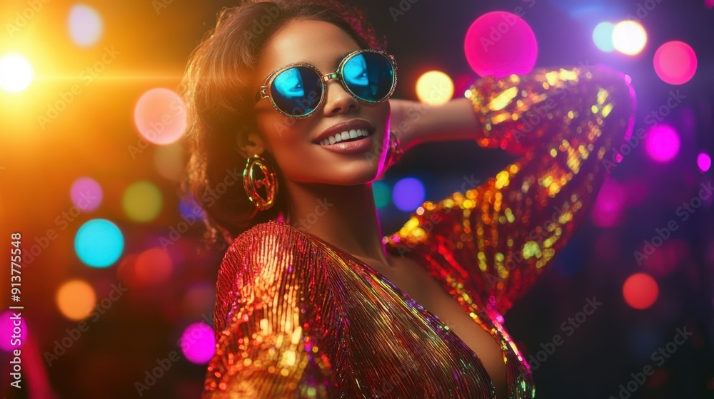 Glamorous Woman in Retro 1970s Disco Attire Posing on Dance Floor with ...