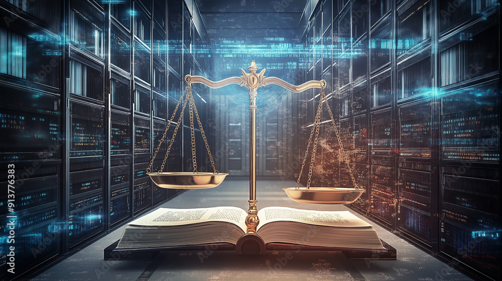 Law scales on background of data center. Digital law concept of duality ...