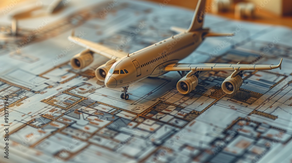 Model Airplane on Engineering Blueprints. Model airplane placed on top ...
