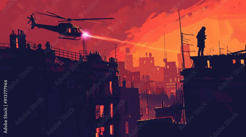 Dramatic Rooftop Pursuit with Robber and Police Helicopter at Sunset ...