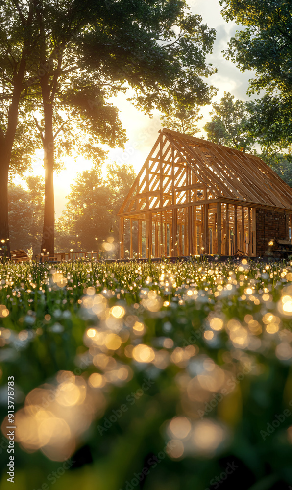 Sunlit wooden house in early stages of construction, set in a peaceful ...