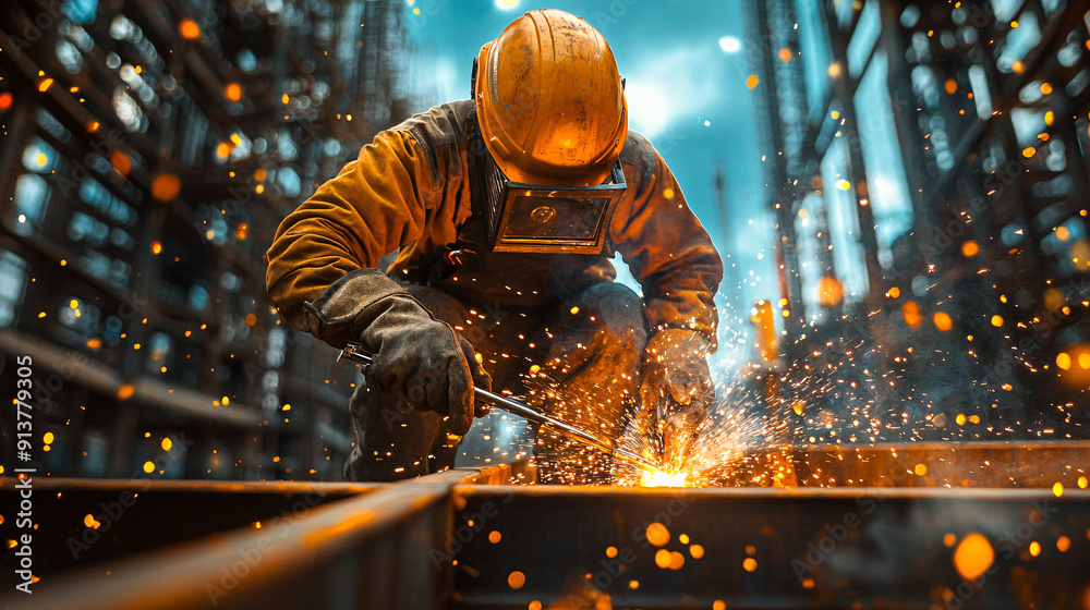 Construction welder in protective clothing and helmet welding steel ...