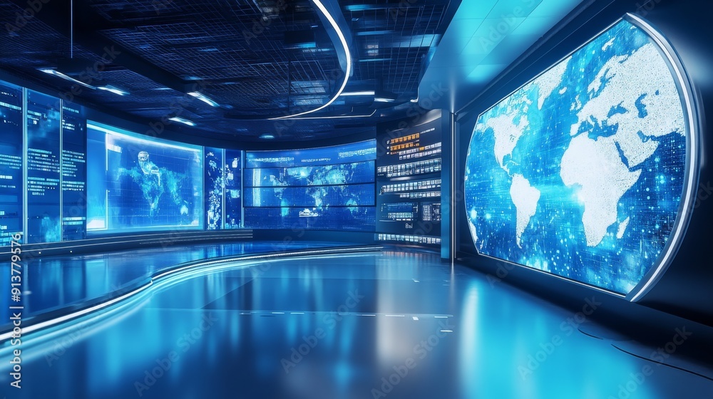 A modern news studio showcases advanced screens displaying global news ...