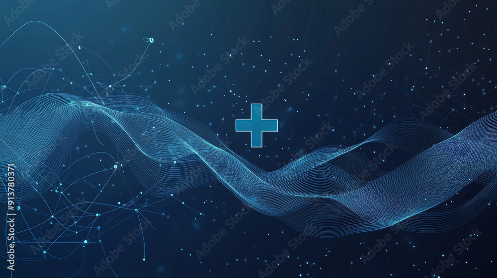 Blue background with abstract waved lines and medical plus sign ...