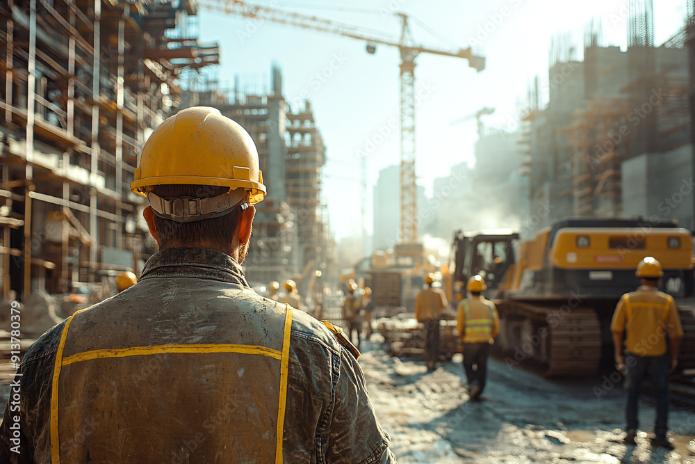 Back view of construction worker with yellow hard hat on a busy ...