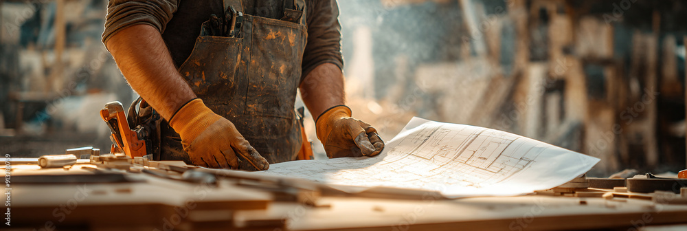 Builder with gloves and tools reviewing construction plans at a ...